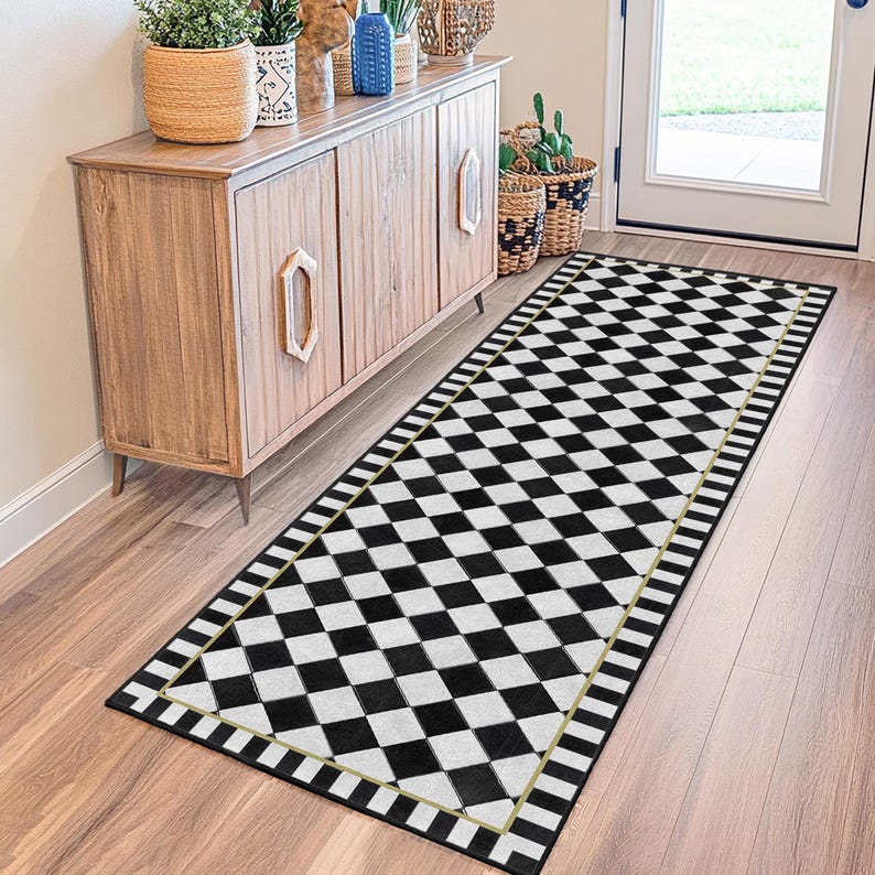 Chic Black and White Checkered Runner Rug | Rectangle Hallway Mat ...