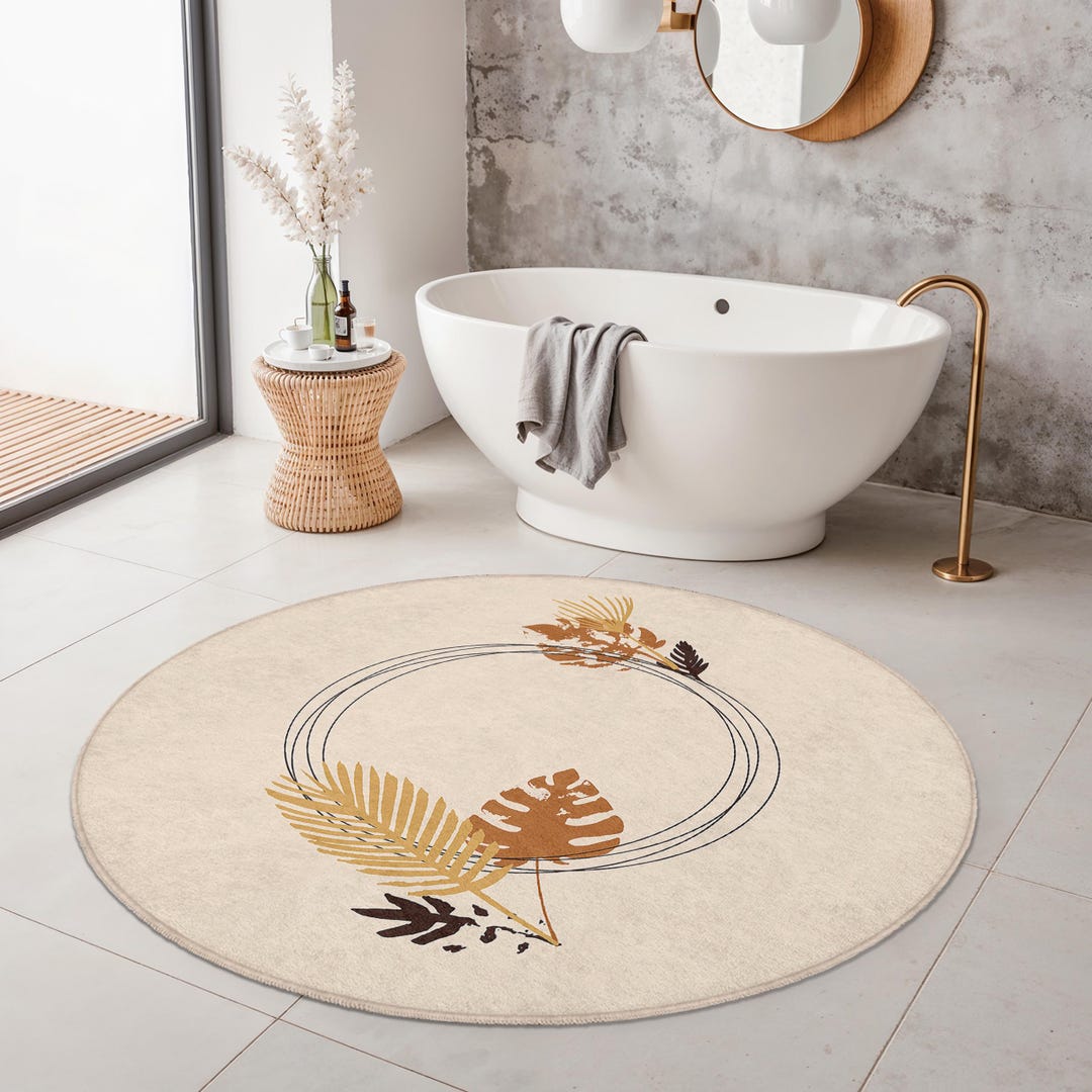 Elegant Round Bathroom Rug With Tropical Leaf Design | Soft Cotton Non ...
