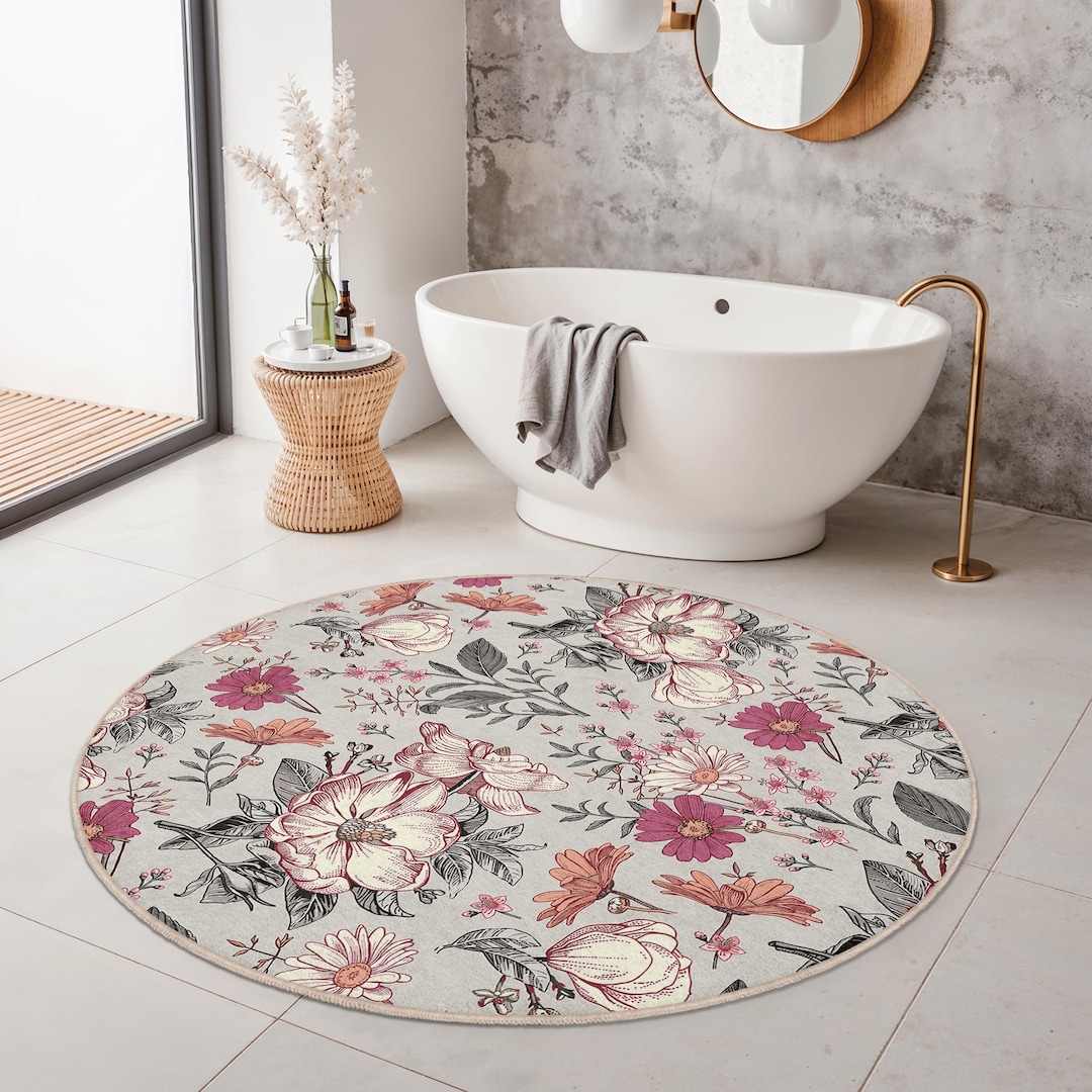 Floral Round Bath Mat | Elegant Flower Design Bathroom Rug | Soft ...