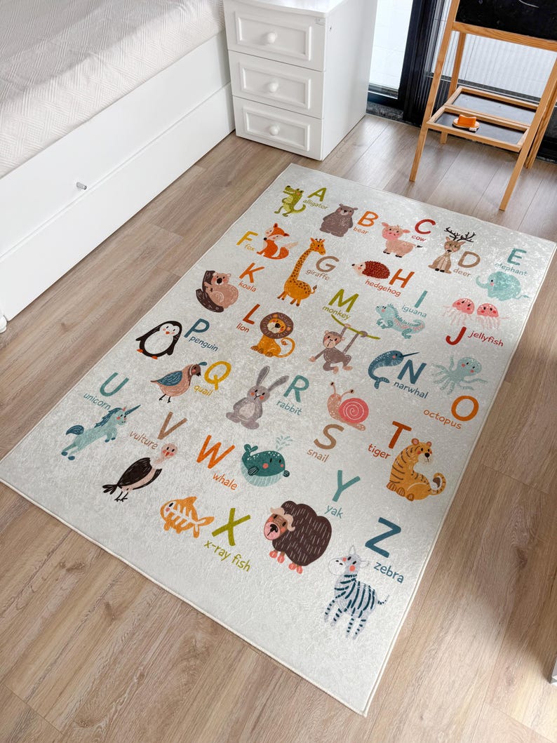 Alphabet Animals Themed Rectangular Kids Rug | Educational Play Mat for ...