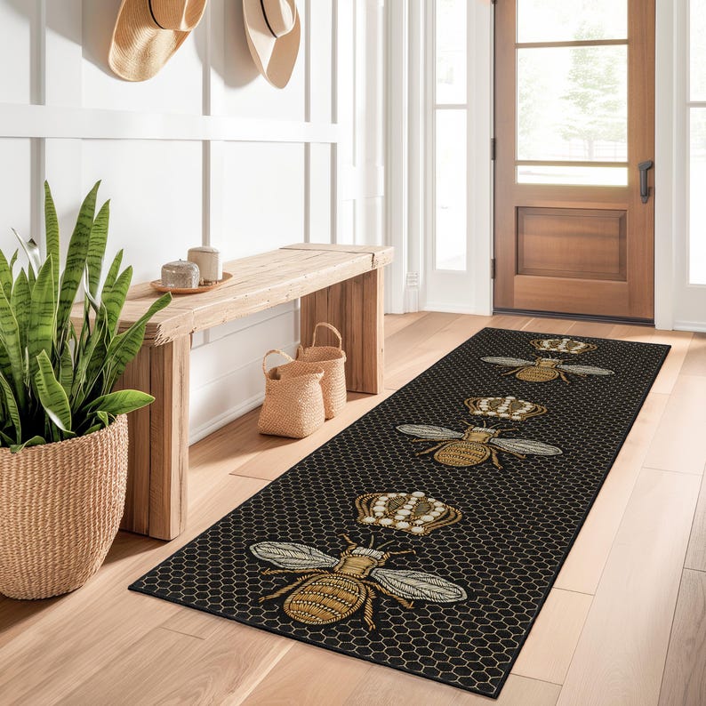 Bee Themed Rectangular Entryway Rug | Elegant Honeycomb Design Hallway ...