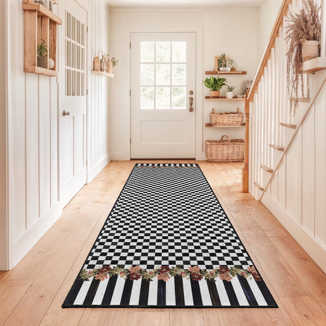 Chic Black and White Checkered Runner Rug | Elegant Floral Border ...