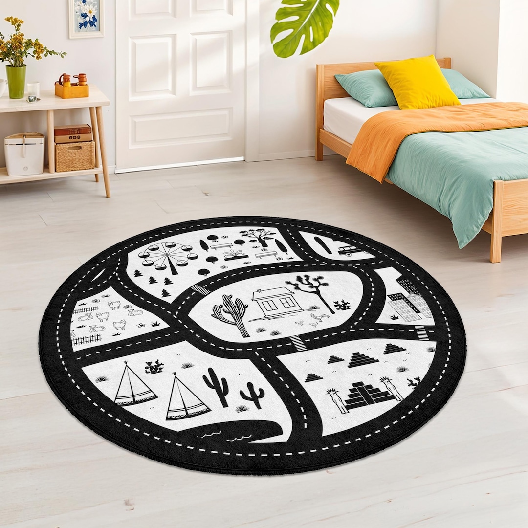 Road Map Themed Round Rug | Playful Kids Room Carpet | Fun Nursery ...