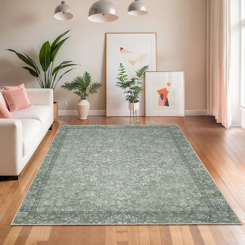Elegant Floral Design Rectangular Area Rug | Vintage Green Pattern ...
