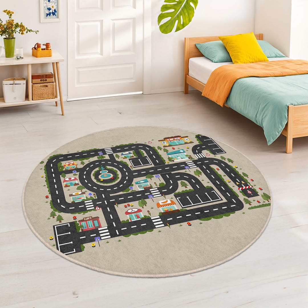 Car-themed Kids' Room Rug: Playful Road Map Cotton Carpet - Etsy