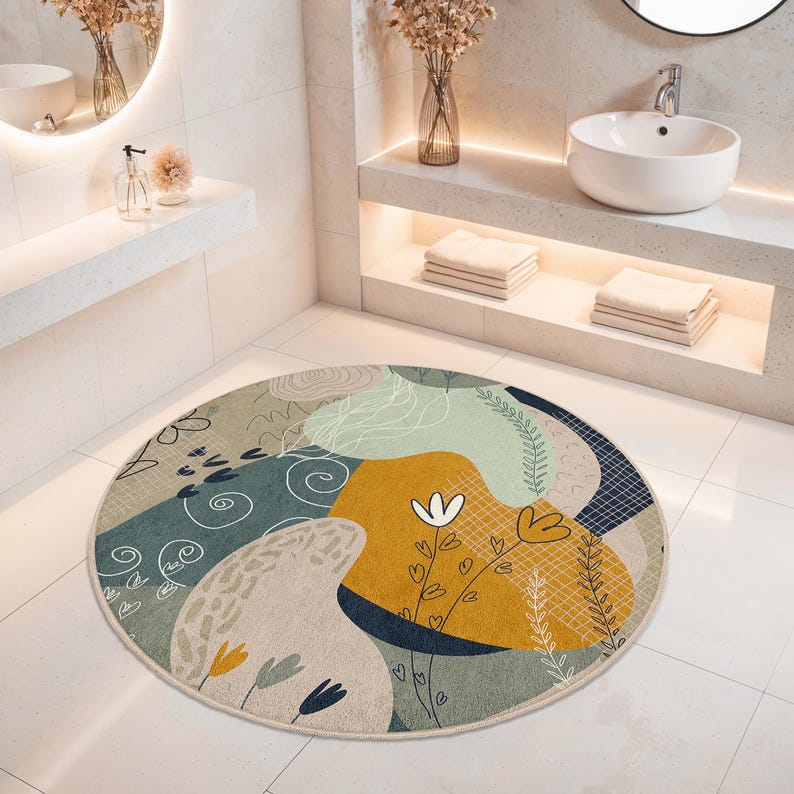 Floral Pattern Round Bath Mat | Soft Cotton Bathroom Rug | Non-slip ...