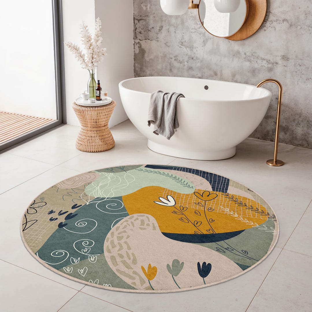 Floral Pattern Round Bath Mat | Soft Cotton Bathroom Rug | Non-slip ...