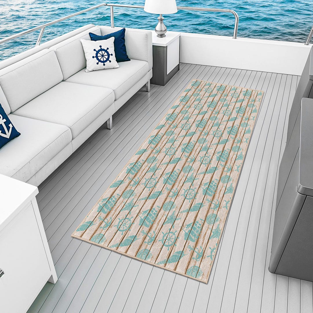 Nautical Themed Rectangular Caravan Runner Rug | Coastal Style Boat and ...