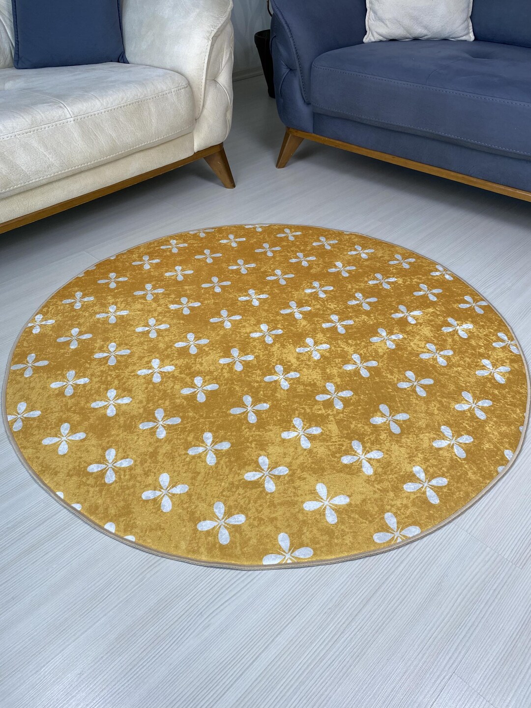 Charming Floral Pattern Round Rug | Soft Cotton Yellow Carpet | Ideal ...