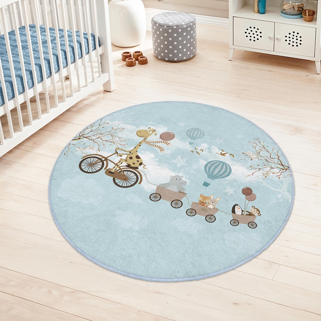 Whimsical Animal Parade Round Kids' Room Rug | Soft Cotton Nursery ...