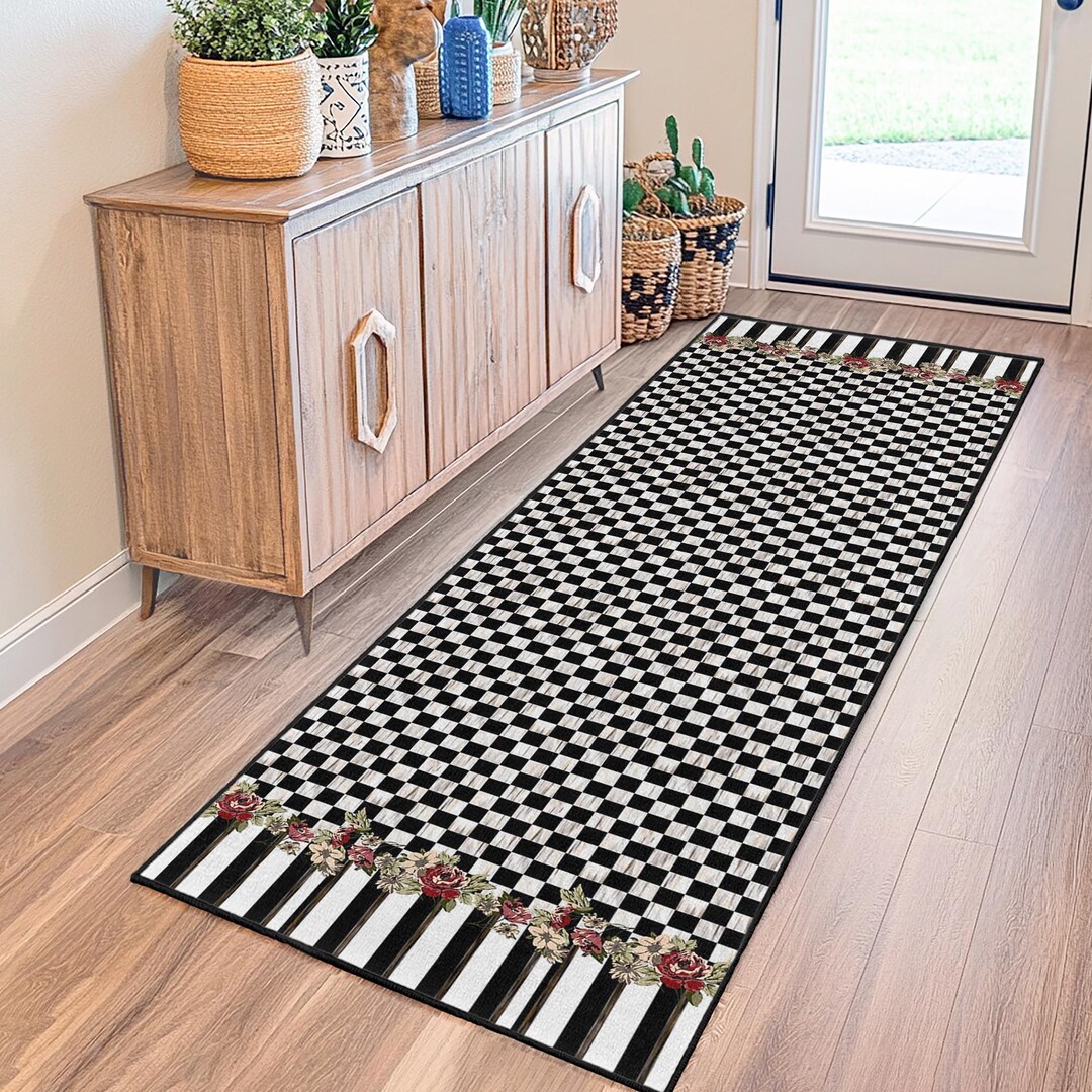 Black and White Checkered Runner Rug With Floral Border | Stylish ...