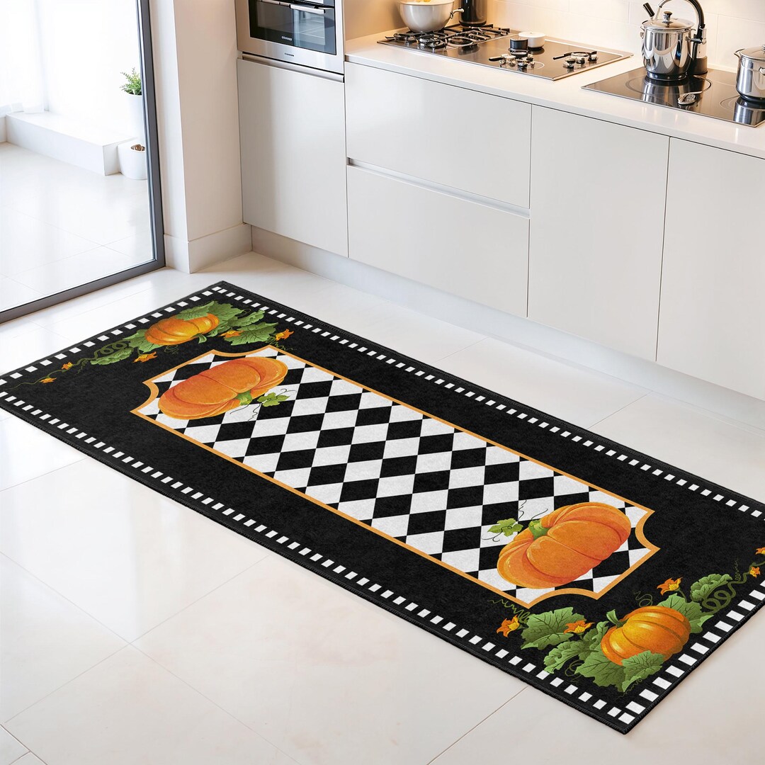 Pumpkin Themed Rectangular Kitchen Runner Rug | Black and White ...
