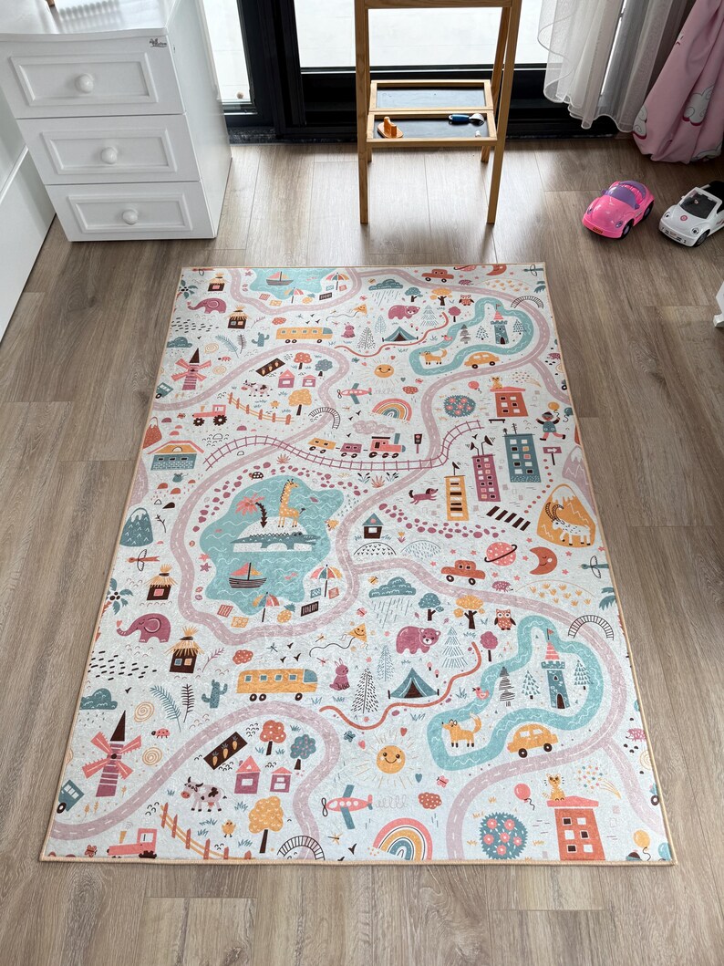 Colorful Adventure Road Map Rug for Kids | Playful Rectangular Carpet ...