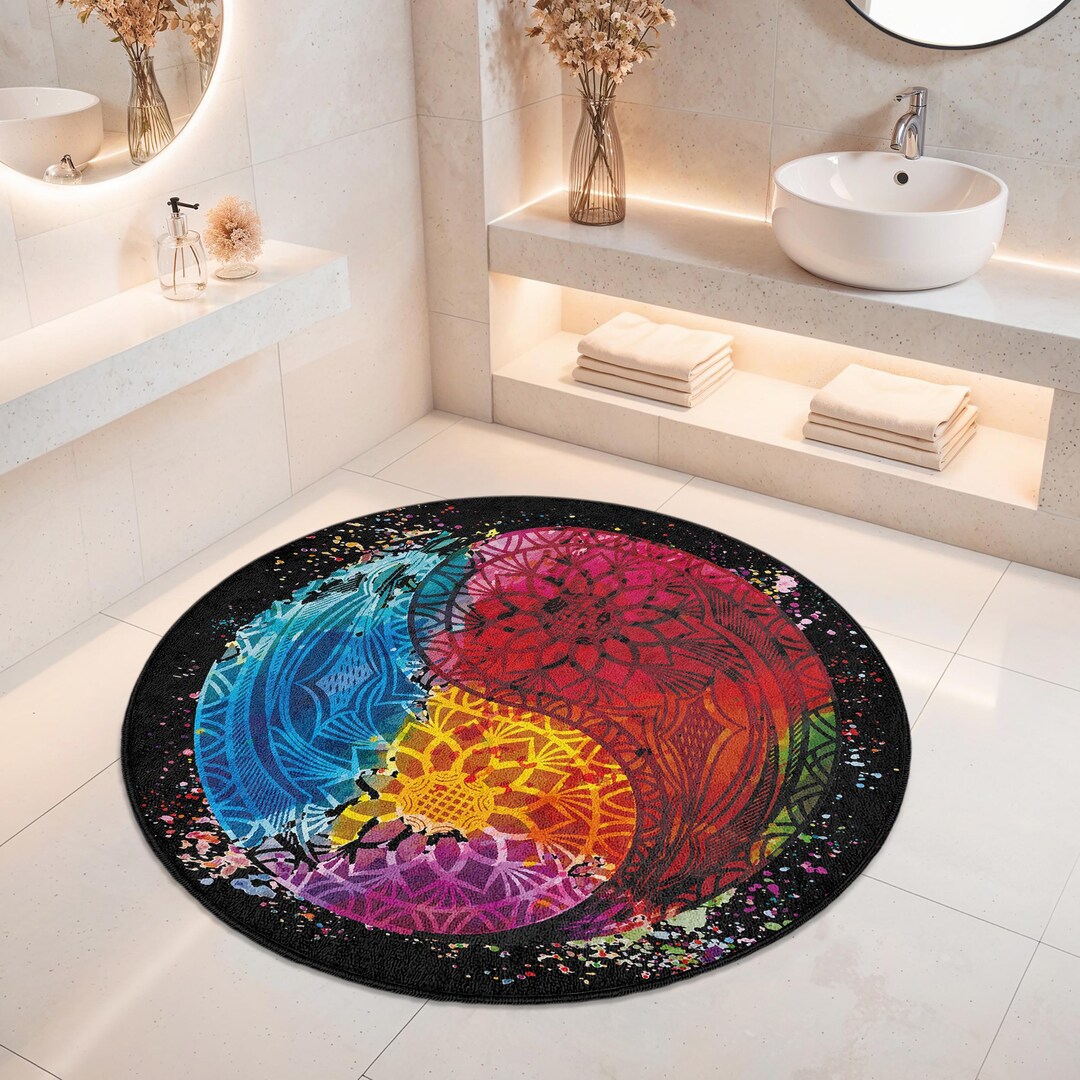 Colorful Mandala Round Bath Mat | Vibrant Circular Rug for Bathroom ...