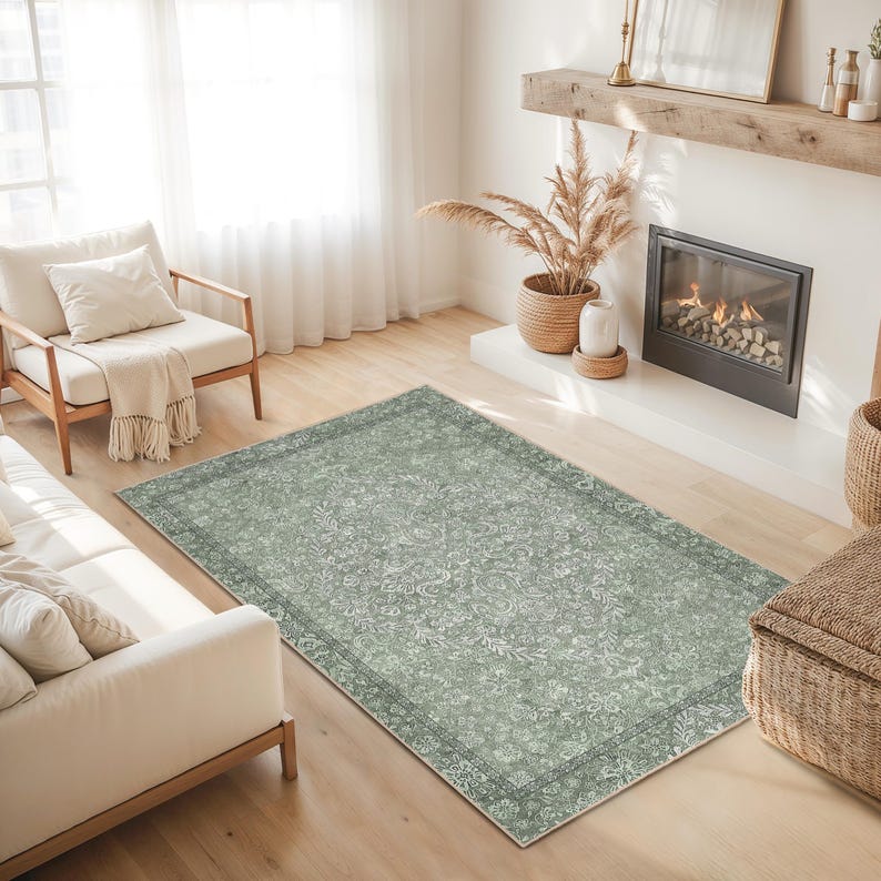Elegant Floral Design Rectangular Area Rug | Vintage Green Pattern ...