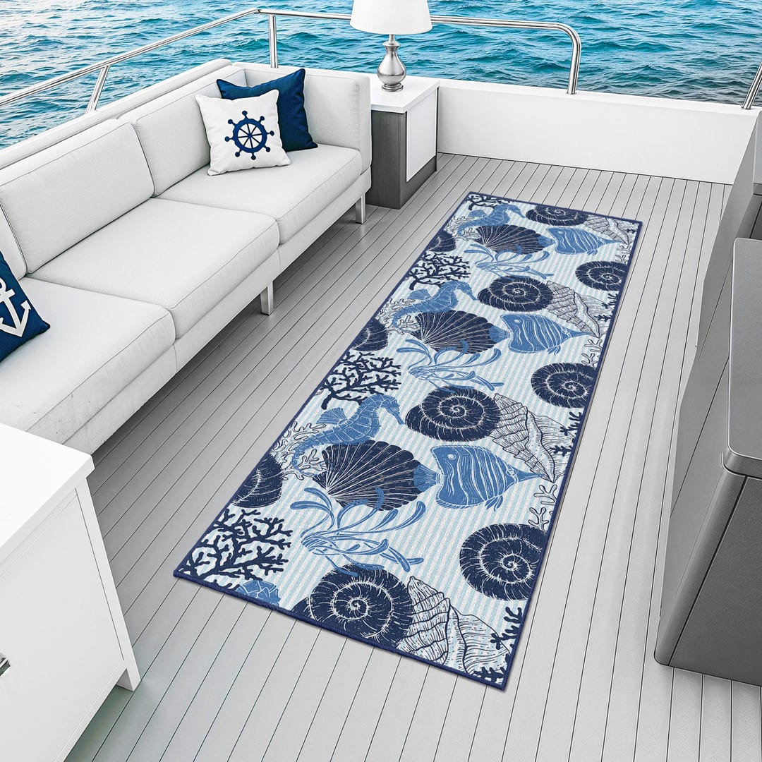 Nautical Seashells Rectangular Runner Rug | Coastal Themed Boat and ...