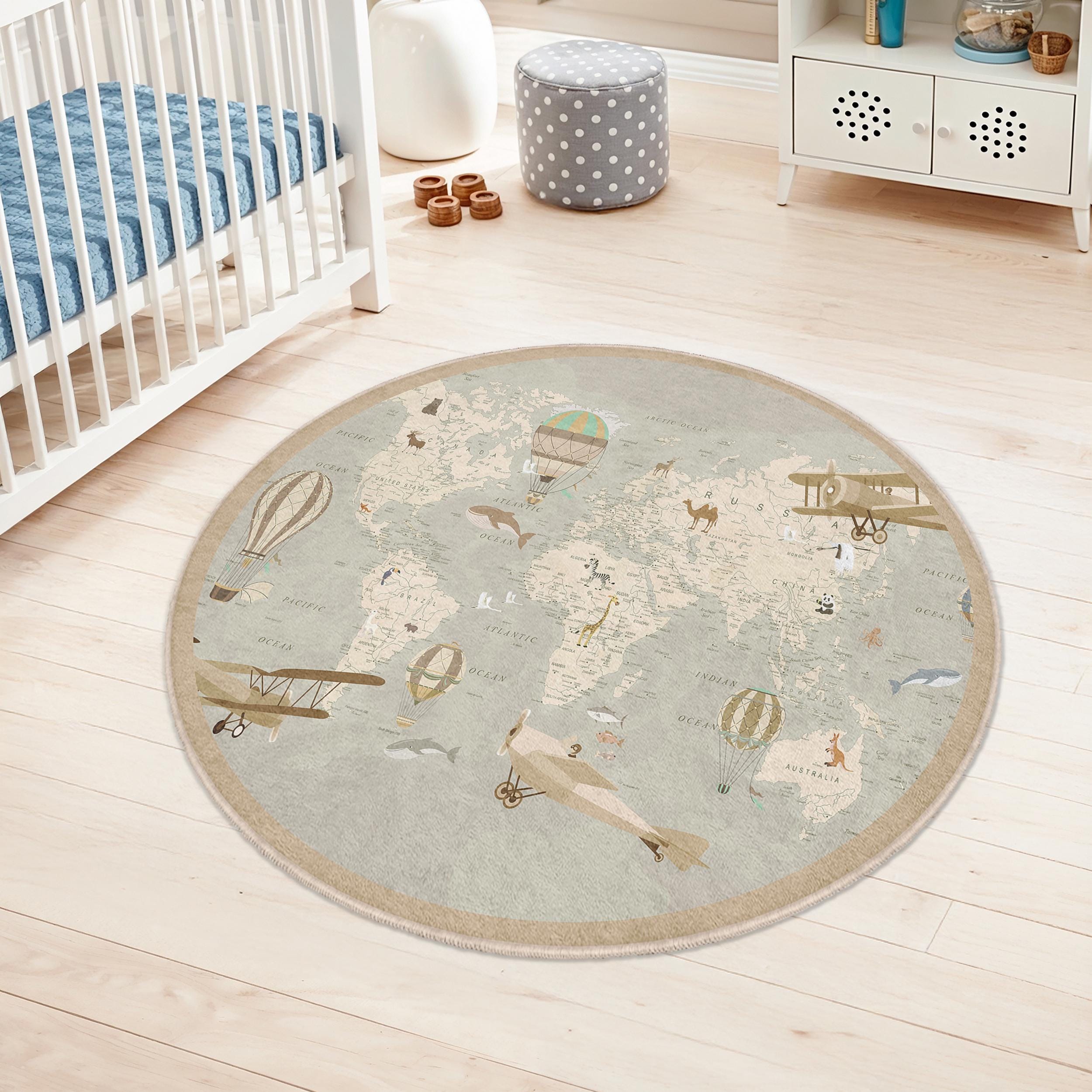 Vintage World Map Round Kids Rug | Airplane and Hot Air Balloon Design ...