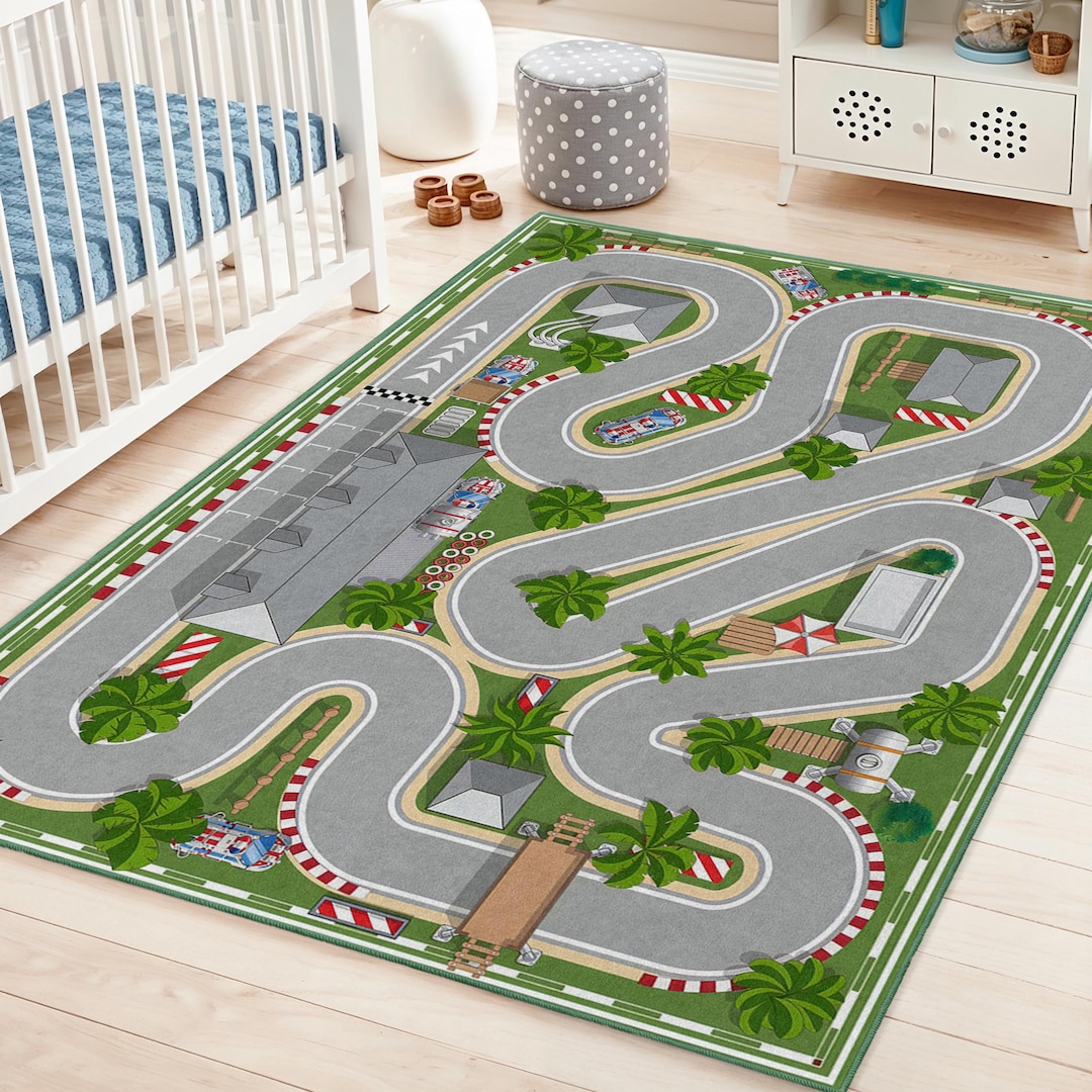 Race Track Design Washable Kids' Room Rug | Fun Play Mat for Boys and ...