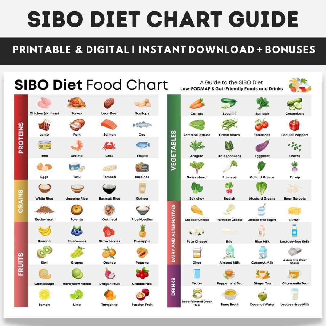SIBO Diet Food Chart, Low FODMAP Diet List, IBS Meal Guide, Bloating ...