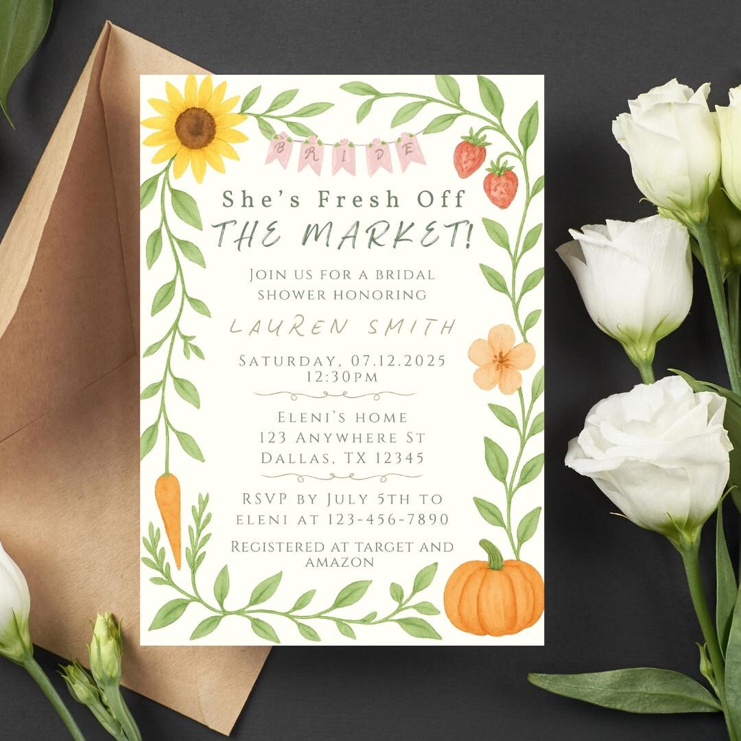Fresh off the Market Bridal Shower Invitation Template, Editable Hand ...