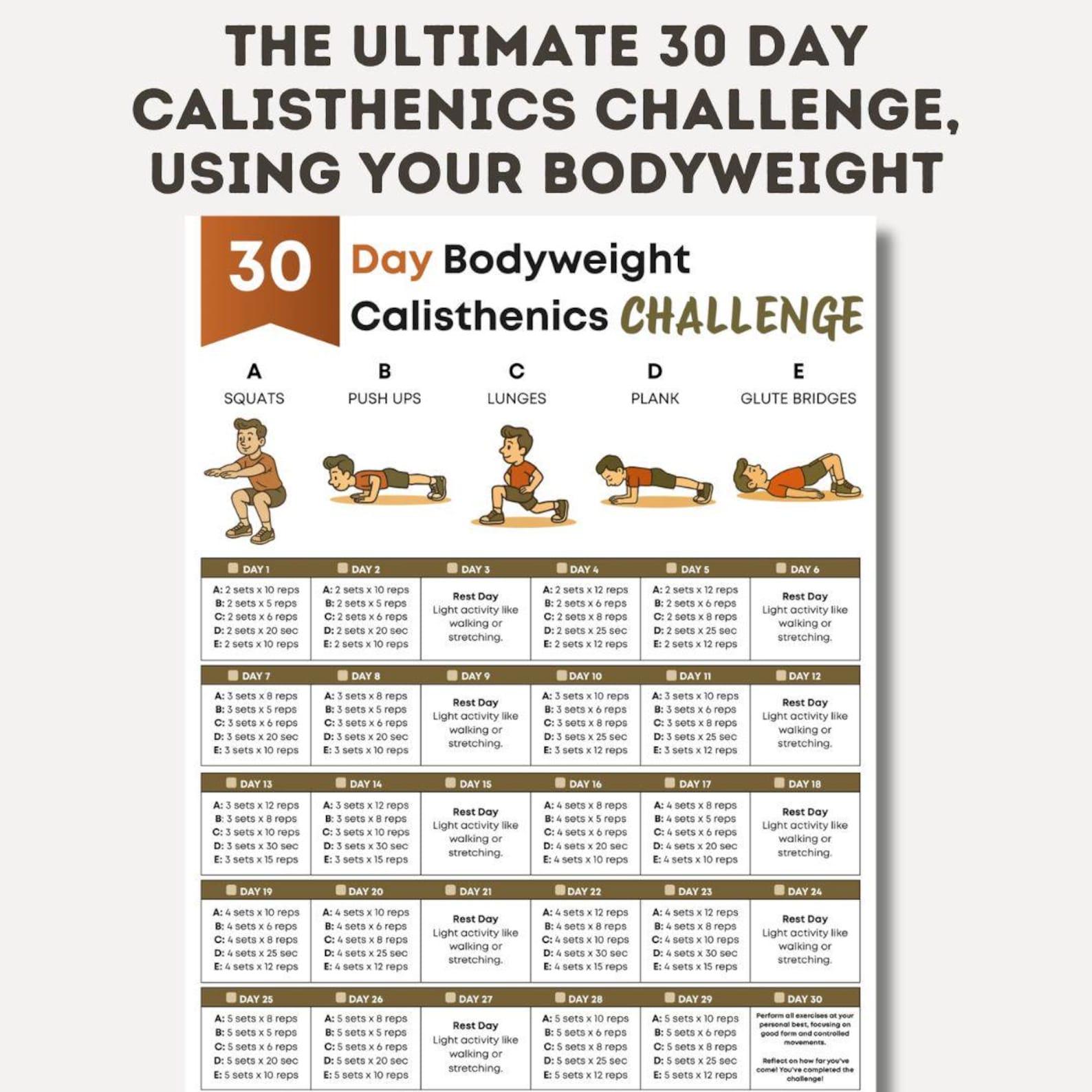 30 Day Calisthenics Challenge Workout Chart, Bodyweight at Home Workout ...
