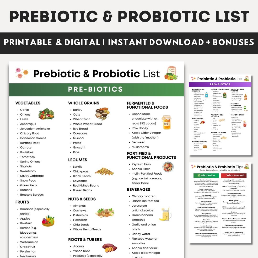 Prebiotic Probiotic Food List, Gut Health Microbiome Healing Chart, IBS Diet Plan, Digestive ...