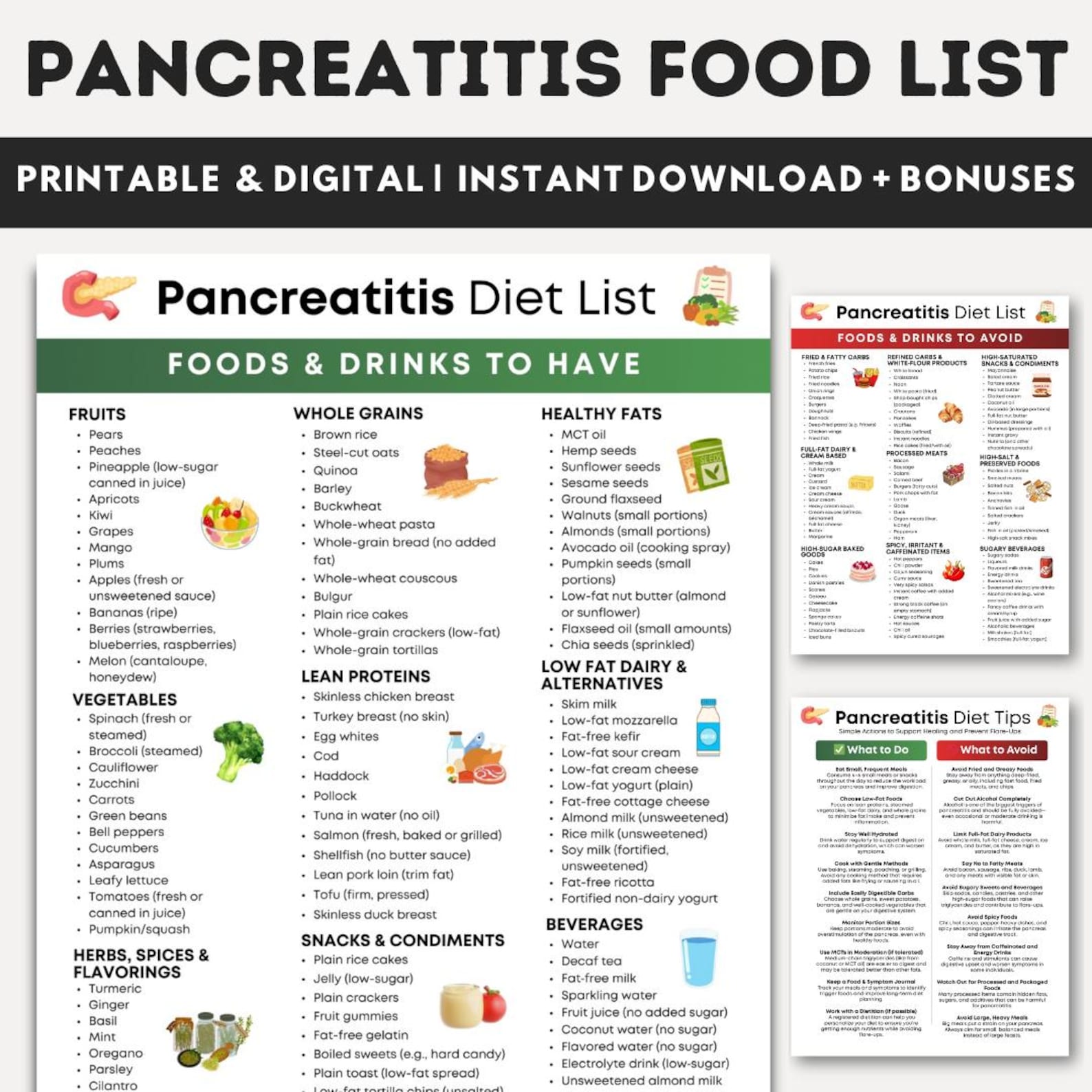 Pancreatitis Diet Food List, Printable Pancreatitis Grocery List, Low ...