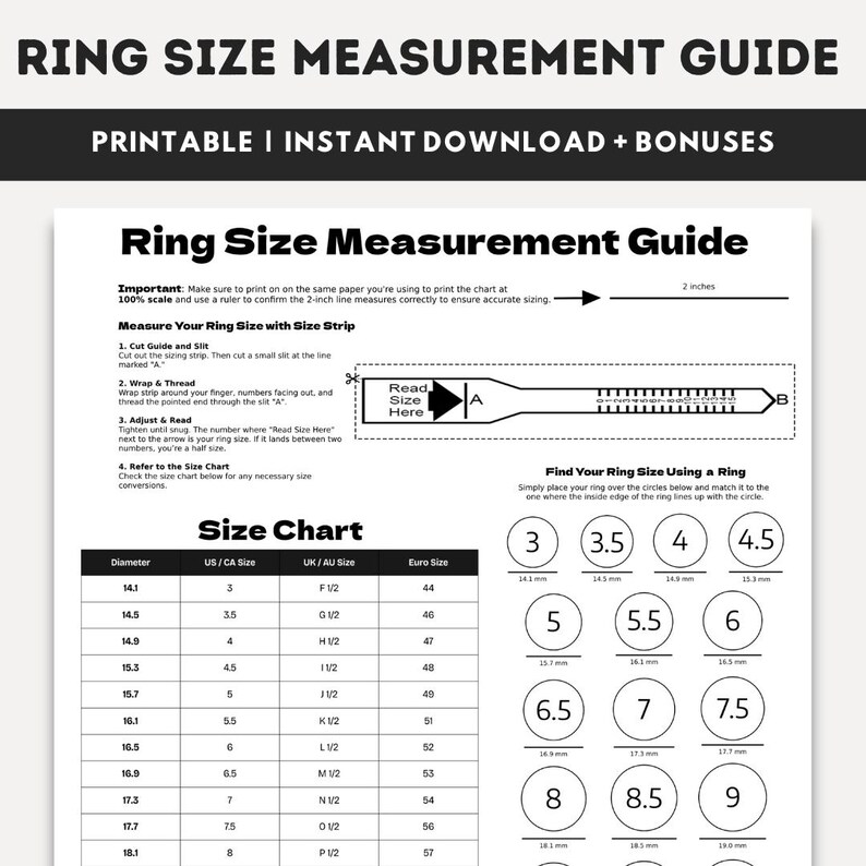 Printable Ring Size Chart, Ring Sizer Tool, Find Your Ring Size, Diamond Ring Size Tool ...