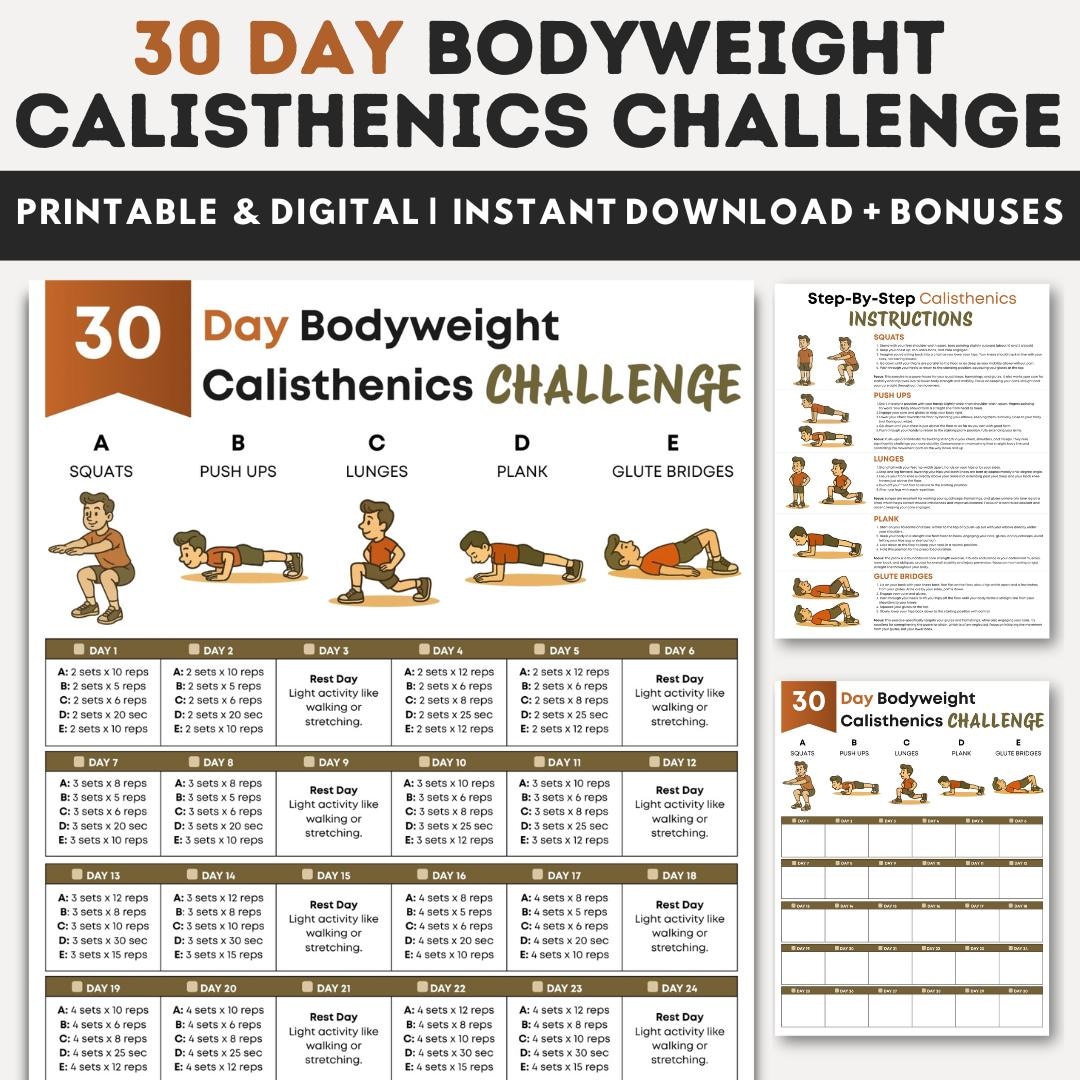 30 Day Calisthenics Challenge Workout Chart, Bodyweight at Home Workout ...