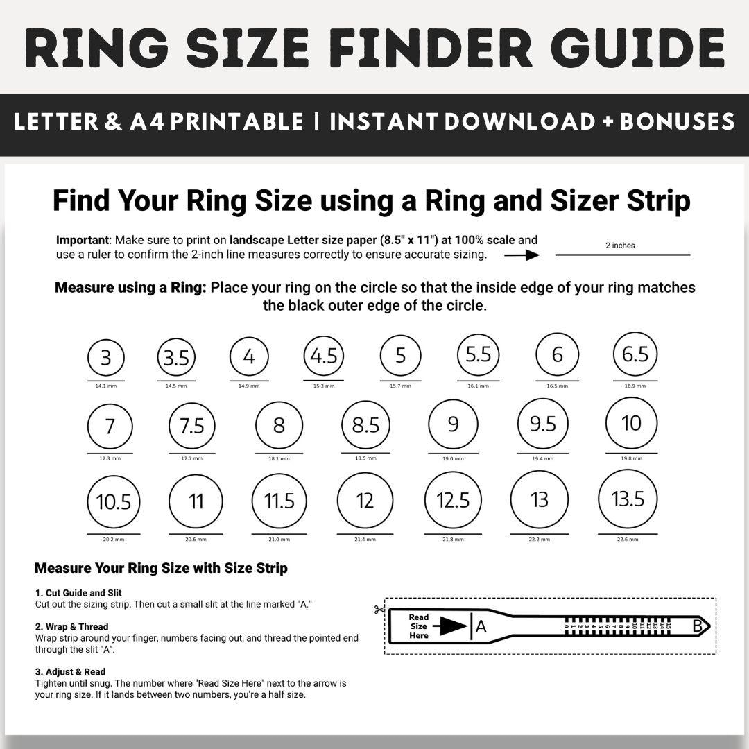 Printable Diamond Ring Size Tool, Ring Size Chart, Ring Size Measure ...