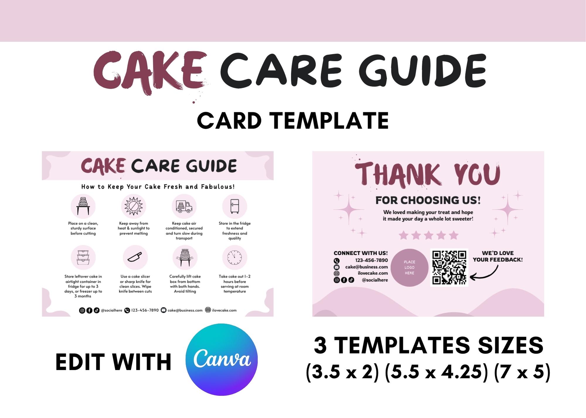 Cake Care Card and Cake Cutting Guide, Editable Cake Care Instructions ...