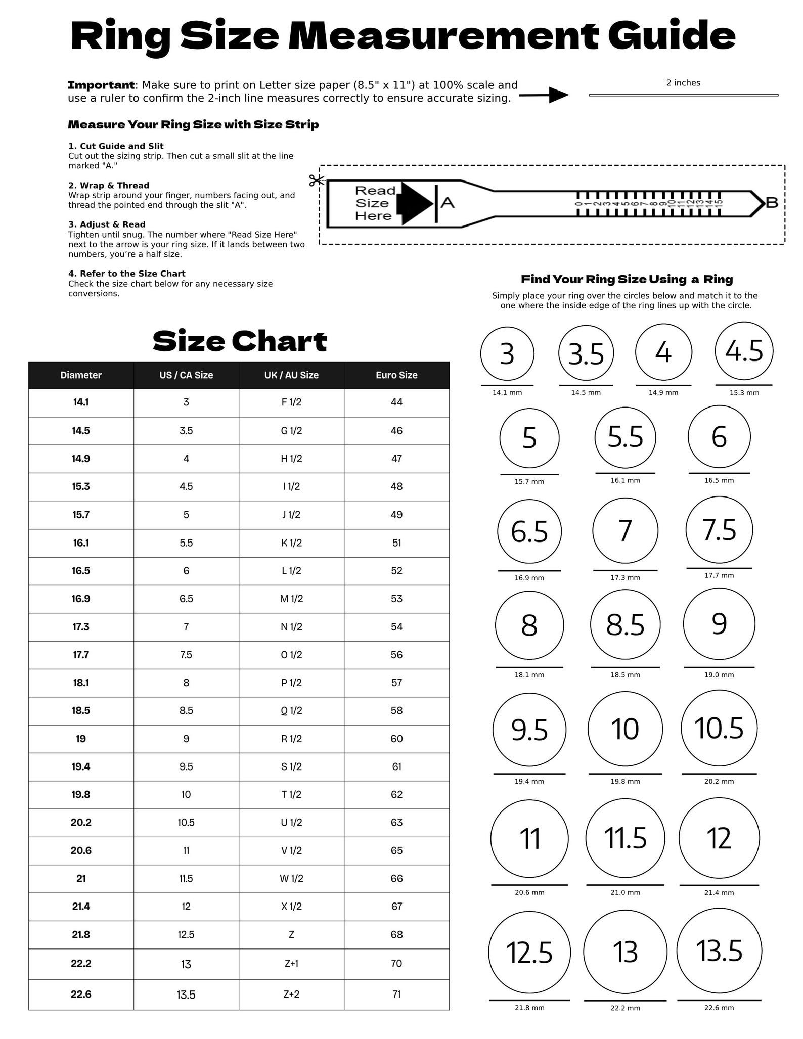 Printable Ring Size Chart, Ring Sizer Tool, Find Your Ring Size, Diamond Ring Size Tool ...