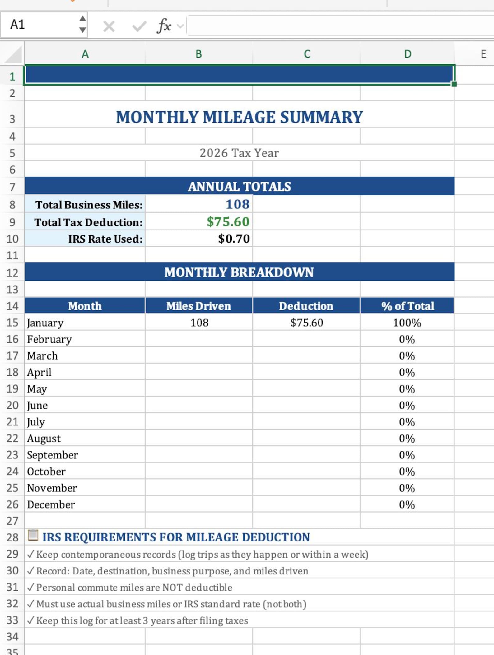Mileage Tracker Excel | IRS Mileage Log | Business Miles Tax Deduction ...