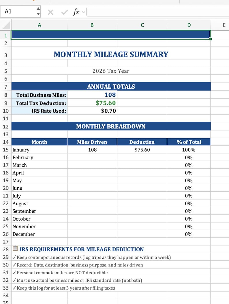 Mileage Tracker Excel | IRS Mileage Log | Business Miles Tax Deduction ...
