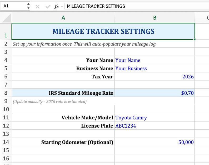 Mileage Tracker Excel | IRS Mileage Log | Business Miles Tax Deduction ...