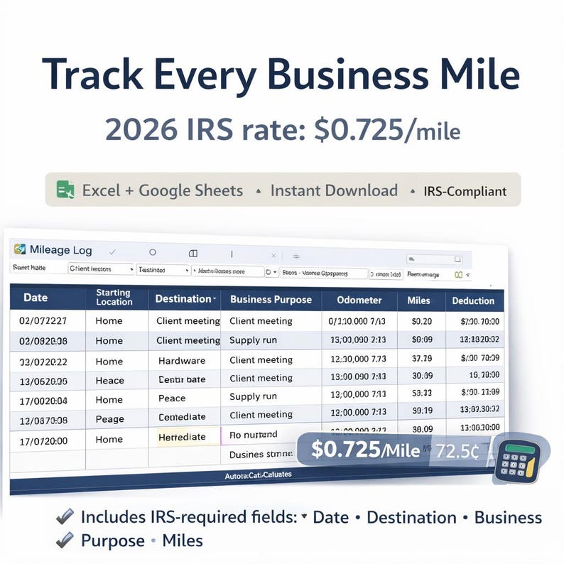 Mileage Tracker Excel | IRS Mileage Log | Business Miles Tax Deduction ...