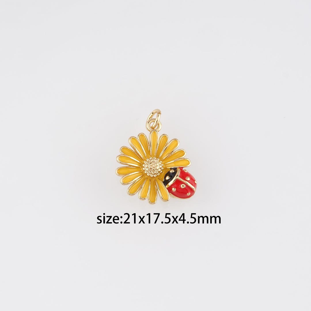 18K Gold Filled Daisy Ladybug Pendant,enamel Daisy Charm Earrings ...