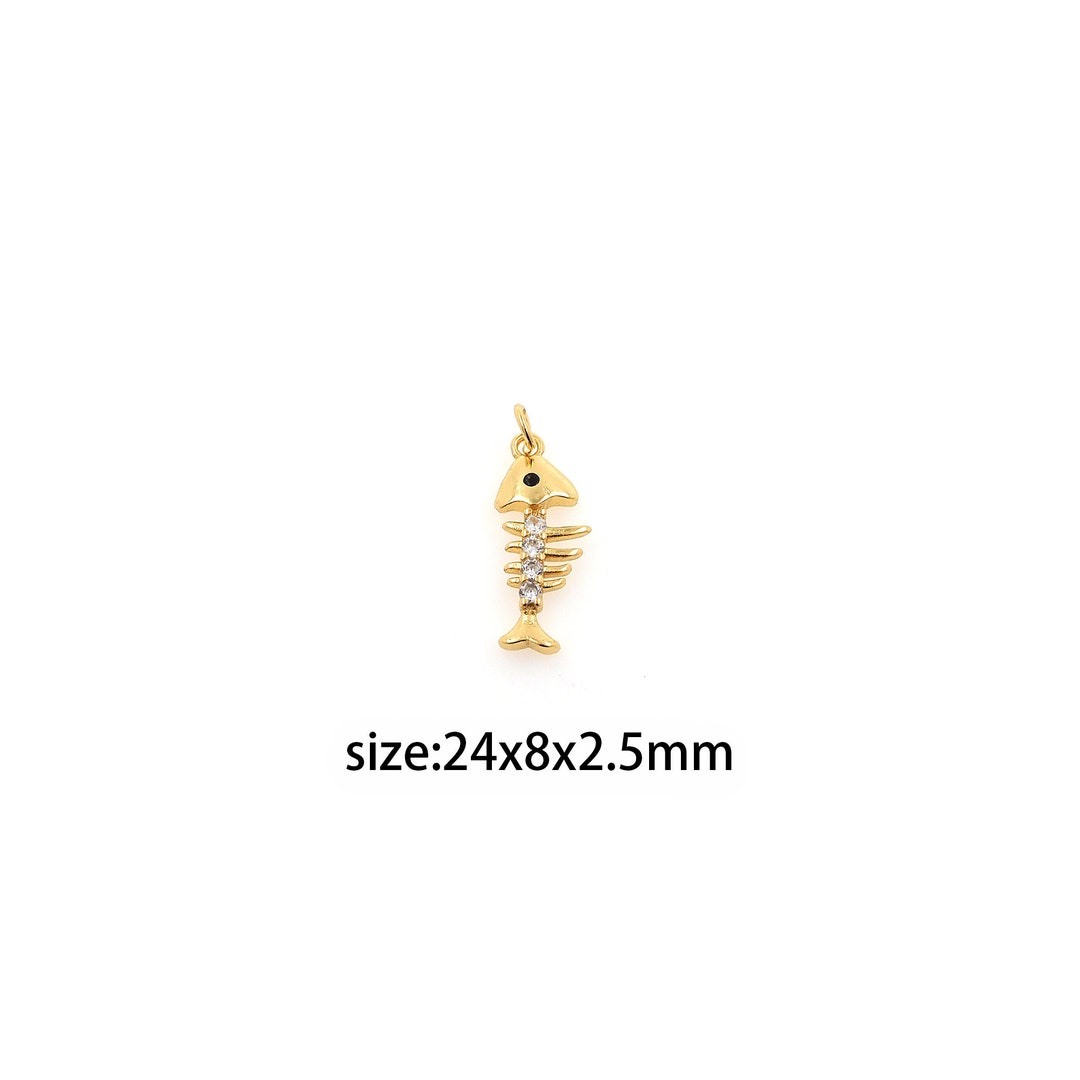 18K Gold Filled Fishbone Pendant,cz Micro Pave Fishbone Charm Earrings ...