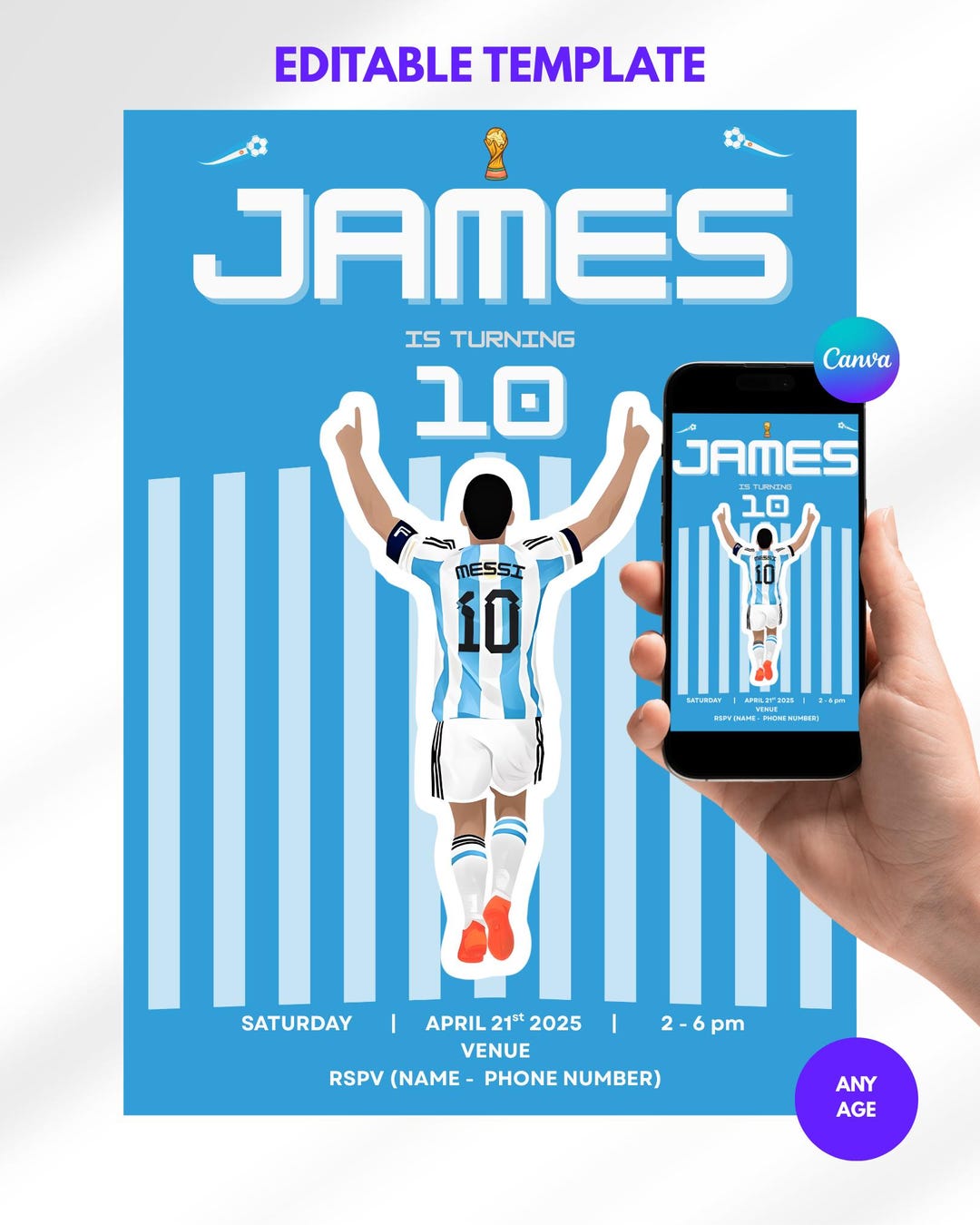 Messi-inspired Birthday Invitation, Leo Messi, Argentina, Editable ...