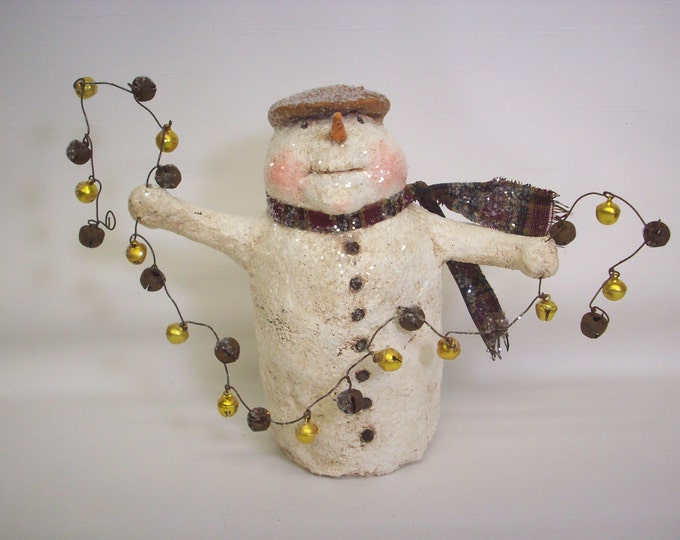 Primitive Paper Mache Folk Art Snowman With Jingle Bell Garland - Etsy