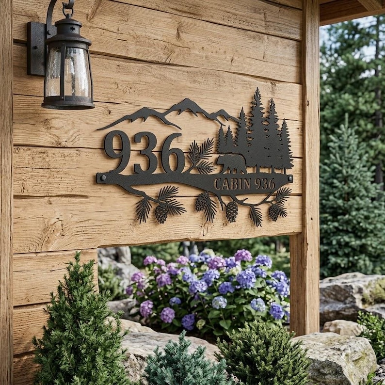 Personalized Cabin Address Sign, Rustic Mountain Metal House Number ...