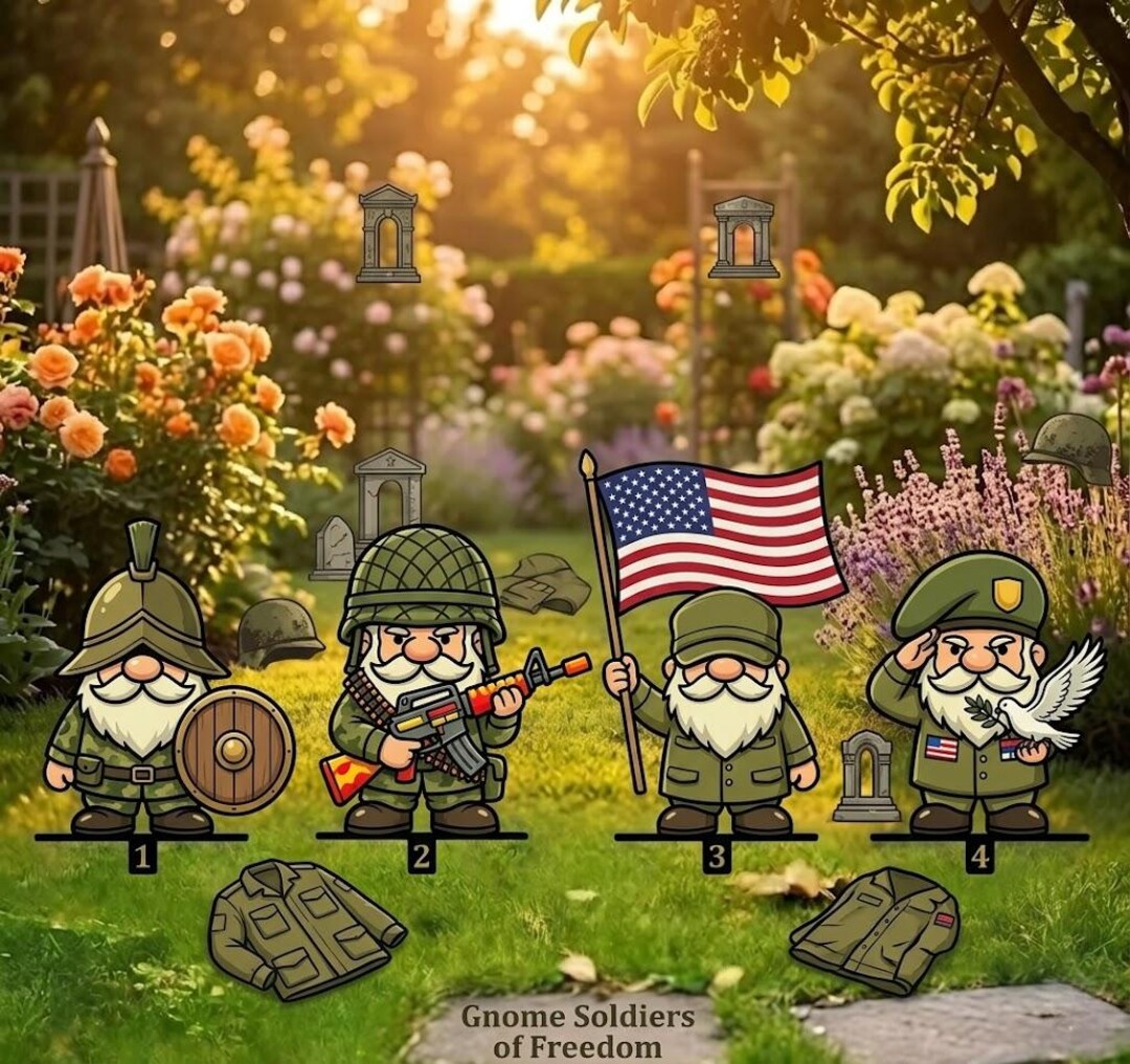 Military-themed Gnome Metal Art Collection Featuring Different Gnomes ...