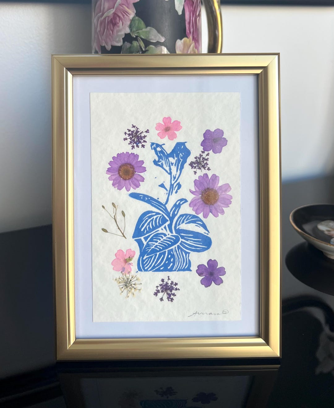 Framed Orchid Linocut Collage: Signed Floral Art in Gold Frame - Etsy