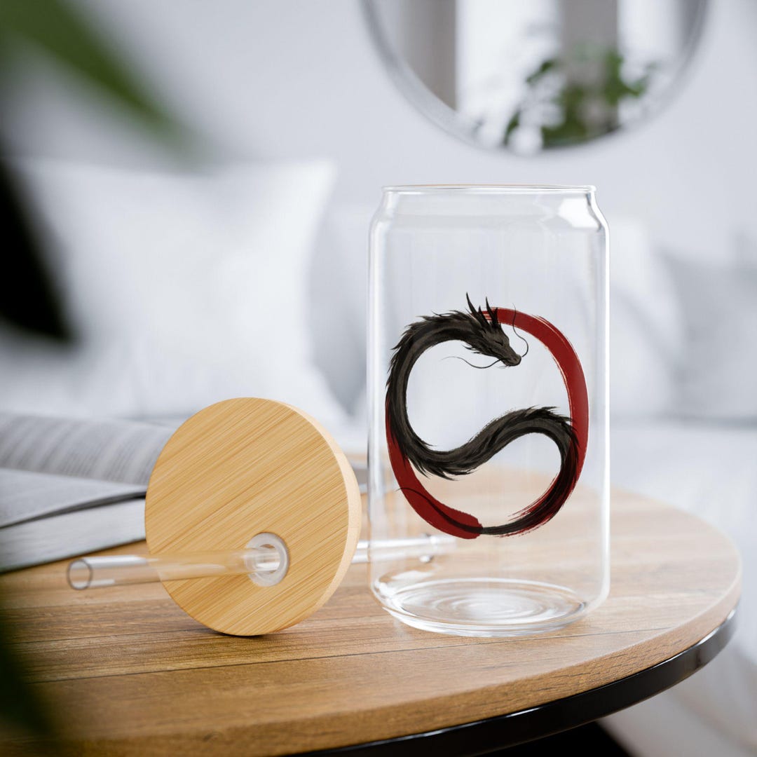 Dragon Enso Minimal Zen Dragon Sipper Glass | Japanese Bamboo Lid - Etsy