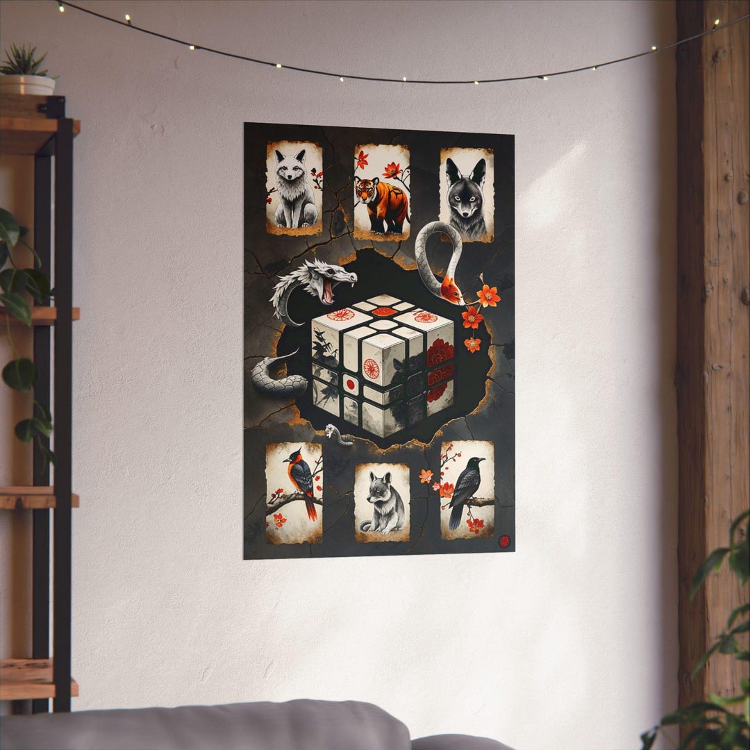 Japanese Rubik Cube Animal Art Poster Mystical Fox Dragon Snake Tiger ...
