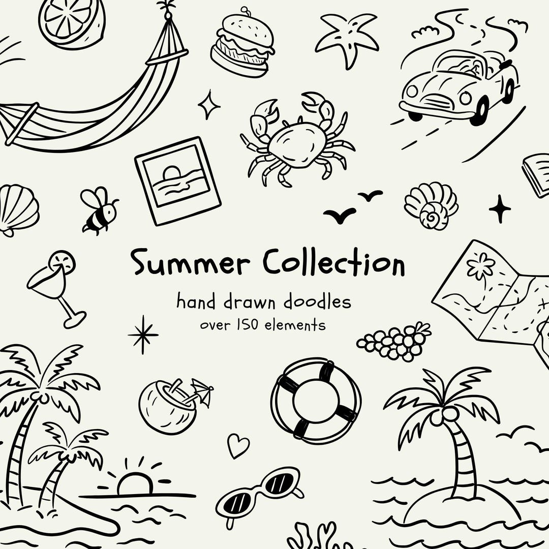 Summer Doodle Clipart Bundle – 150+ Hand Drawn Travel, Food, Beach, Sea ...