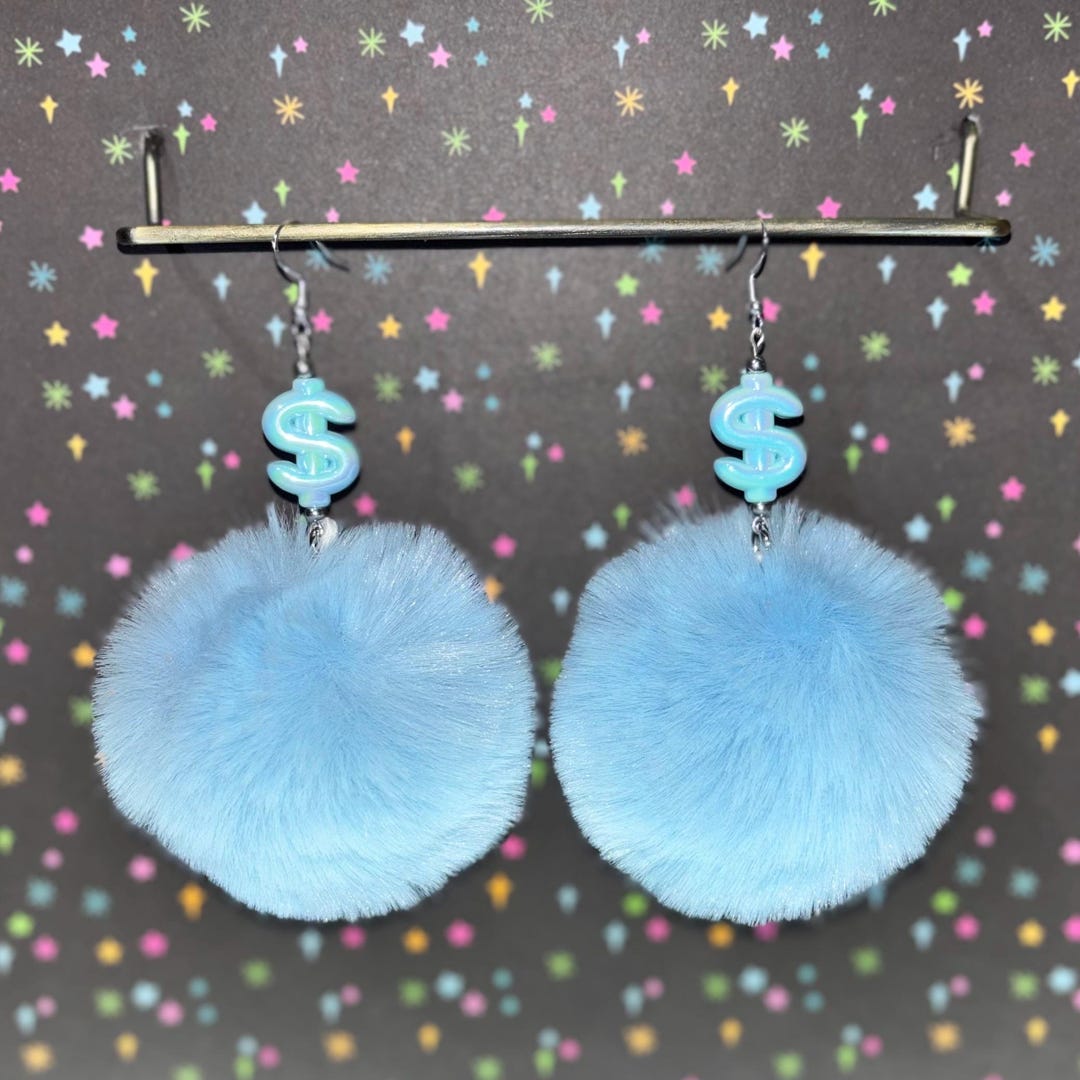 Light Blue Money Dollar Sign Fluffy Puffball Earrings - Etsy
