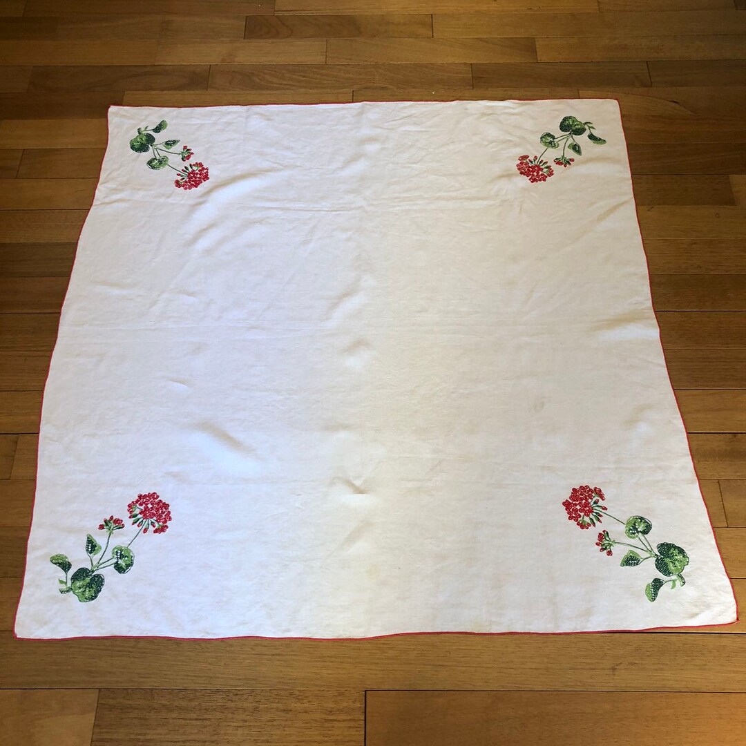 Vintage Tablecloth Linen Embroidered Geranium Flower 44 W 44 L Cottage ...