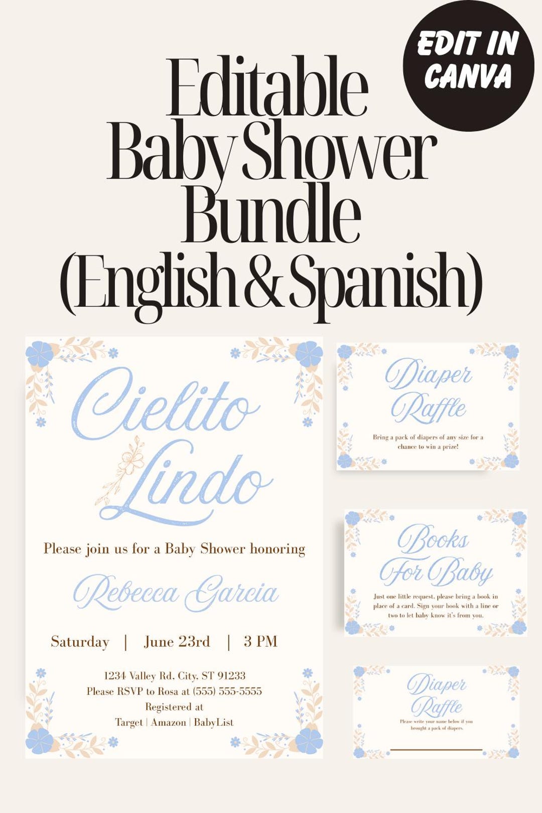 Spanish Cielito Lindo Niño Baby Shower Invitation Bundle, English ...