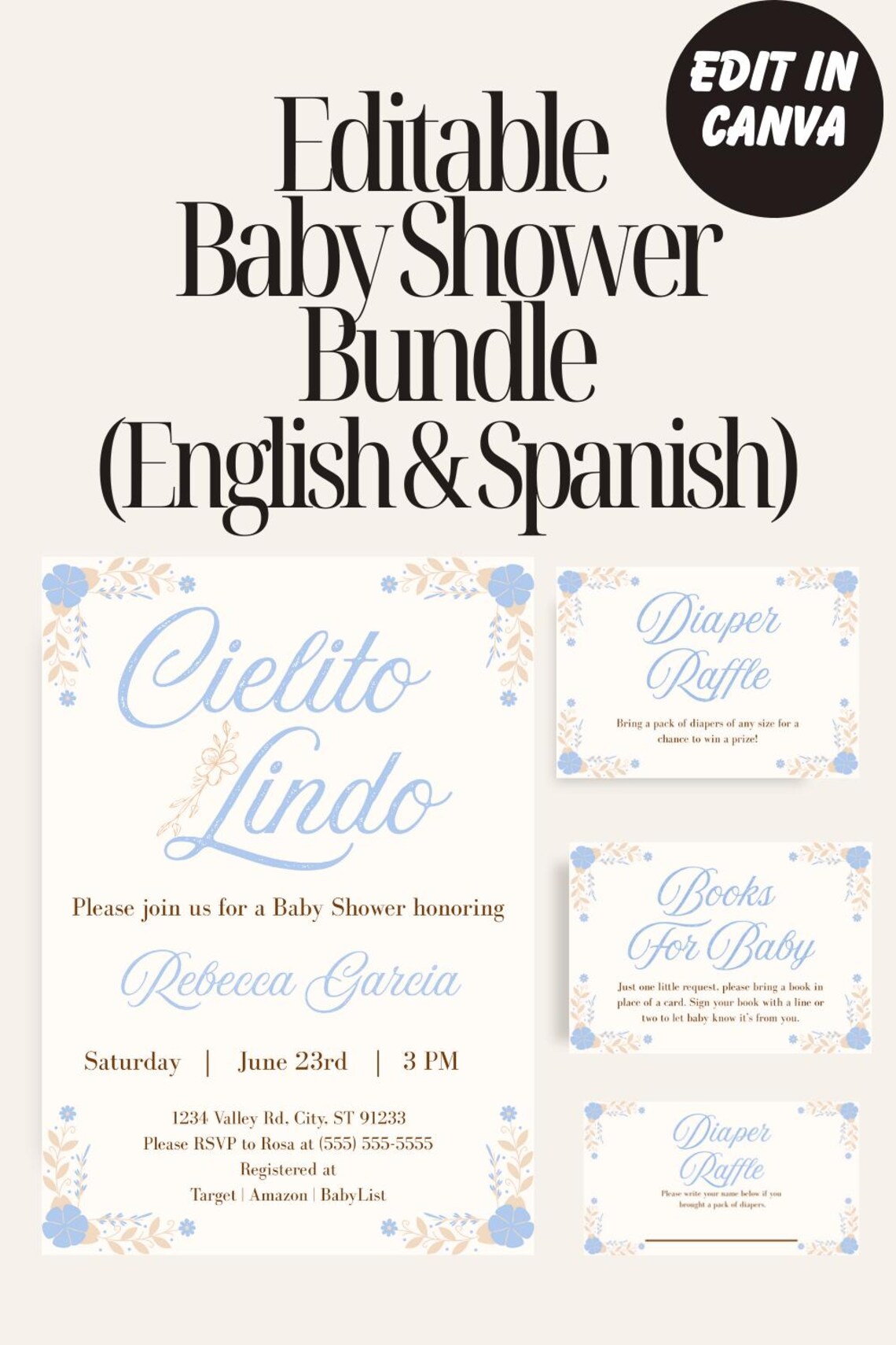 Spanish Cielito Lindo Niño Baby Shower Invitation Bundle, English ...